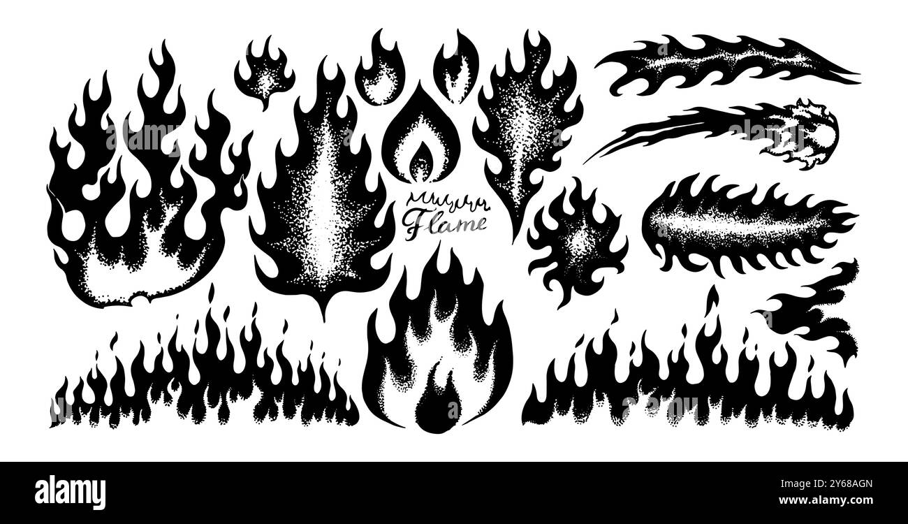 Set of silhouette flame and fire in vintage style. Hand drawn bonfire ...
