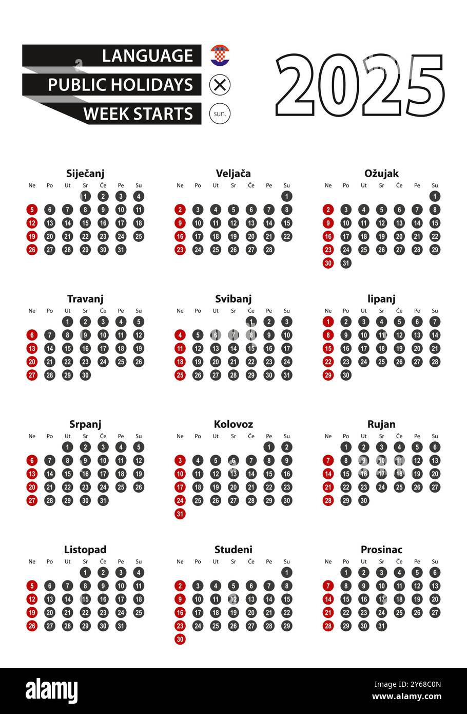 Croatian calendar 2025 with numbers in circles, week starts on Sunday ...