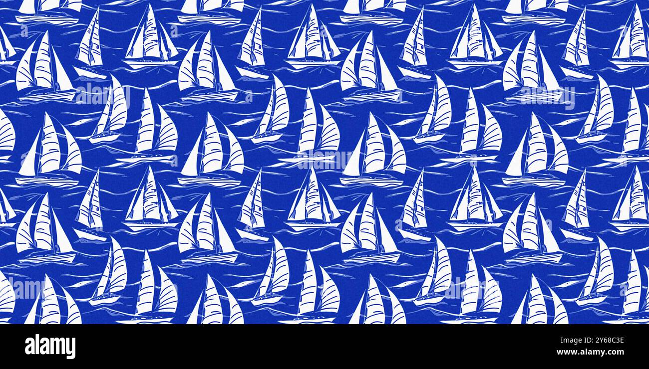 Modern sailing race boat block print banner for decorative coast ...