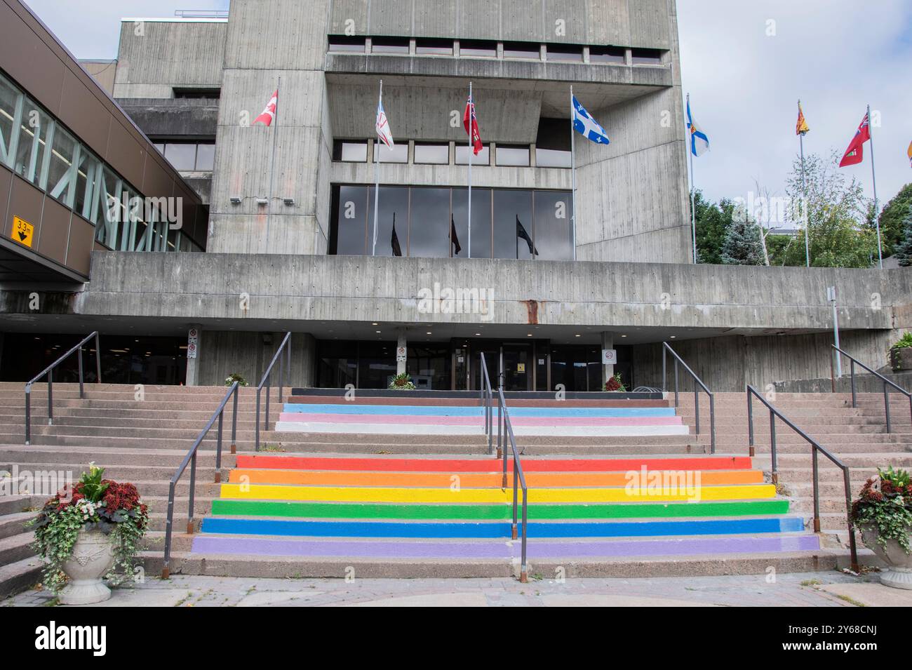 Rainbow stairs at the city hall on New Gower Street in downtown St ...