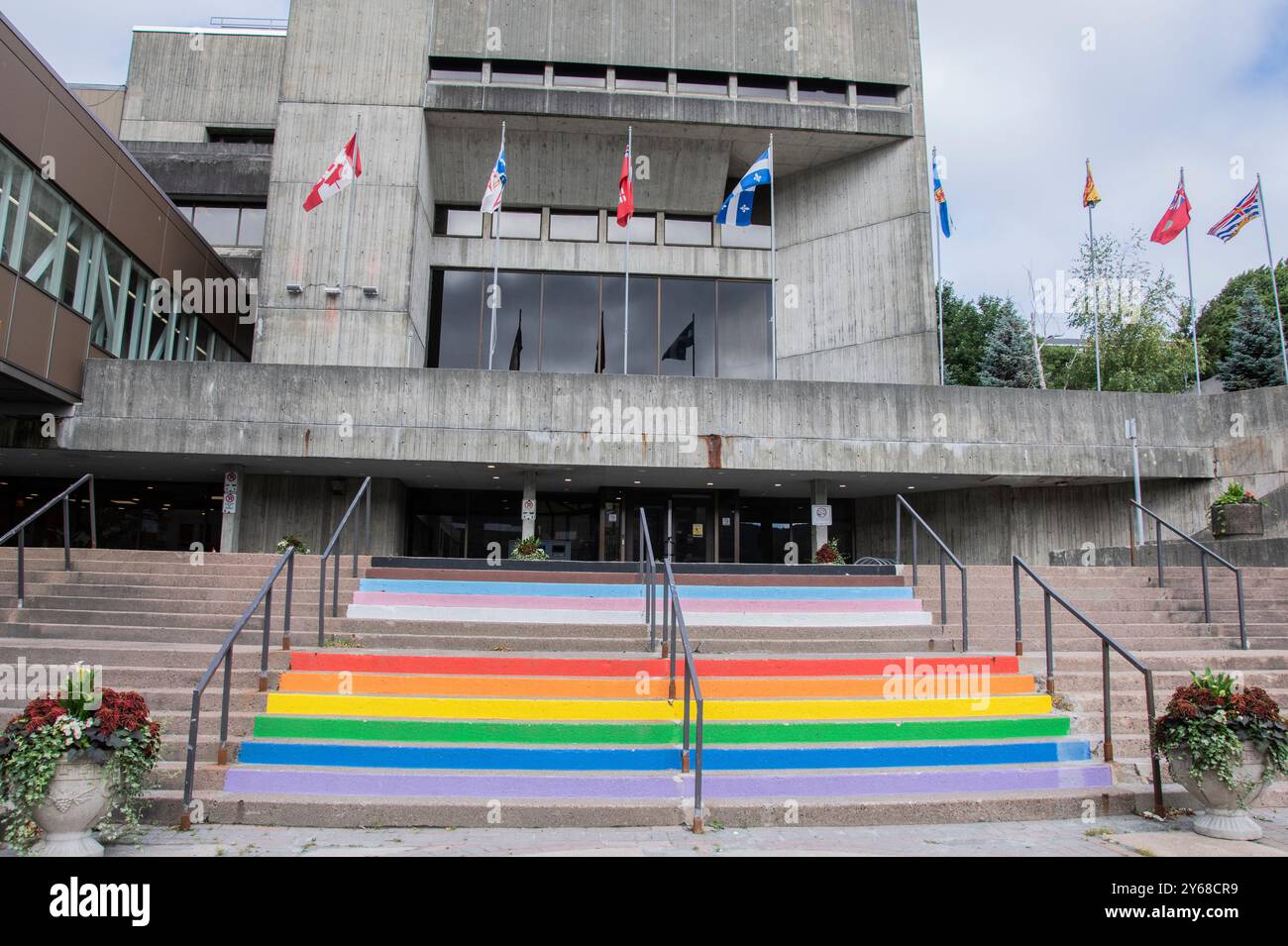 Rainbow stairs at the city hall on New Gower Street in downtown St ...