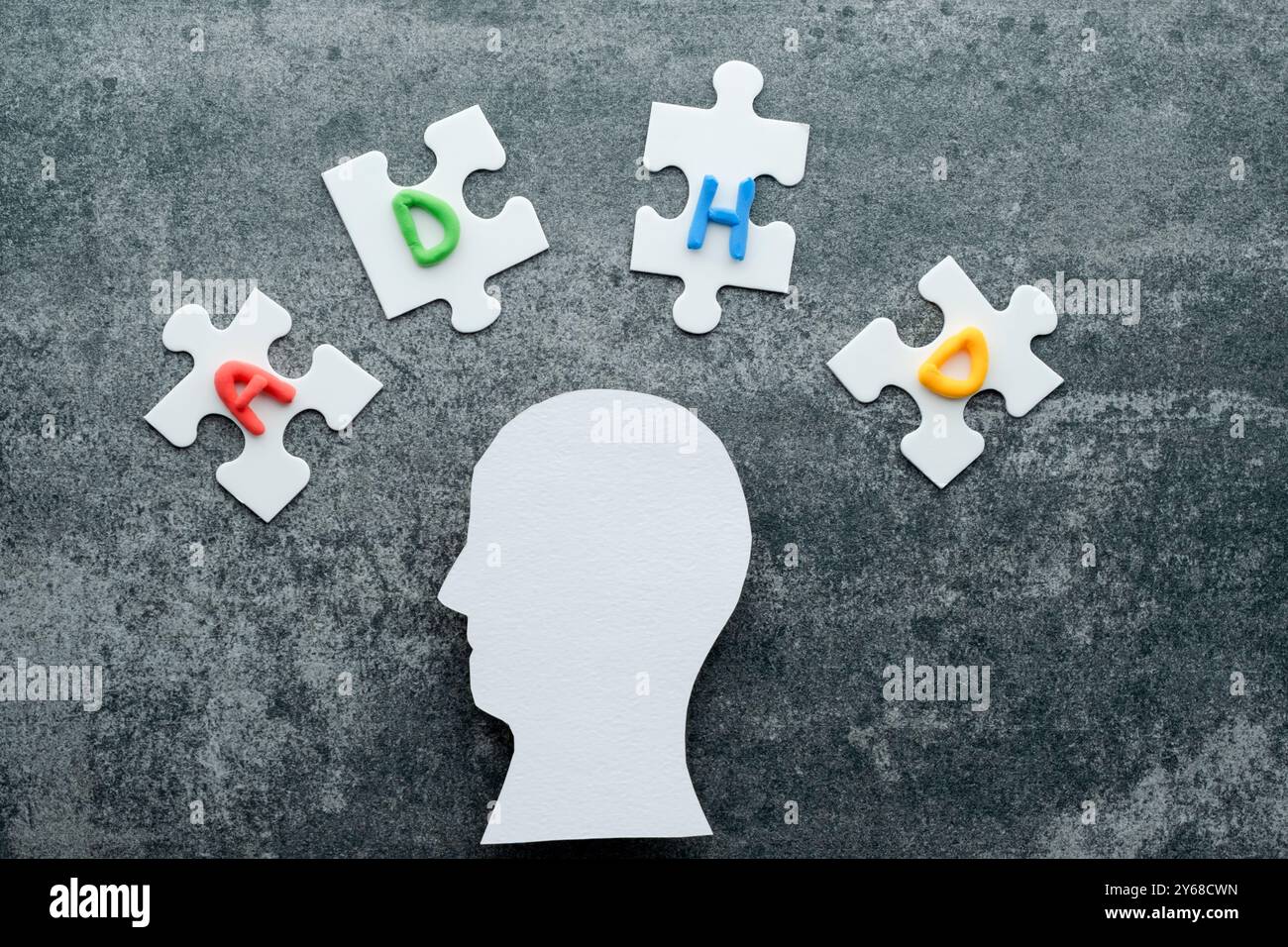Head silhouette surrounded by puzzle pieces labeled ADHD, emphasizing ...