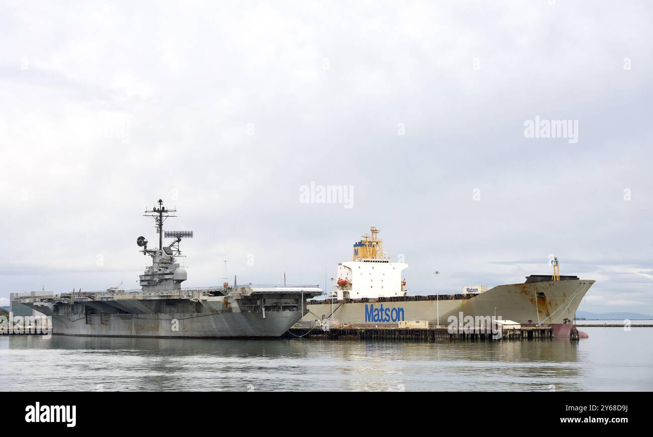 Alameda, CA - Dec 20, 2023: Matson Cargo Ship R.J. PFEIFFER docked next ...