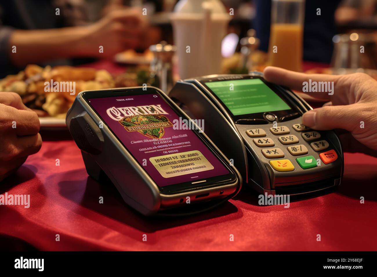 Customer enjoys seamless transaction at counter using modern ...