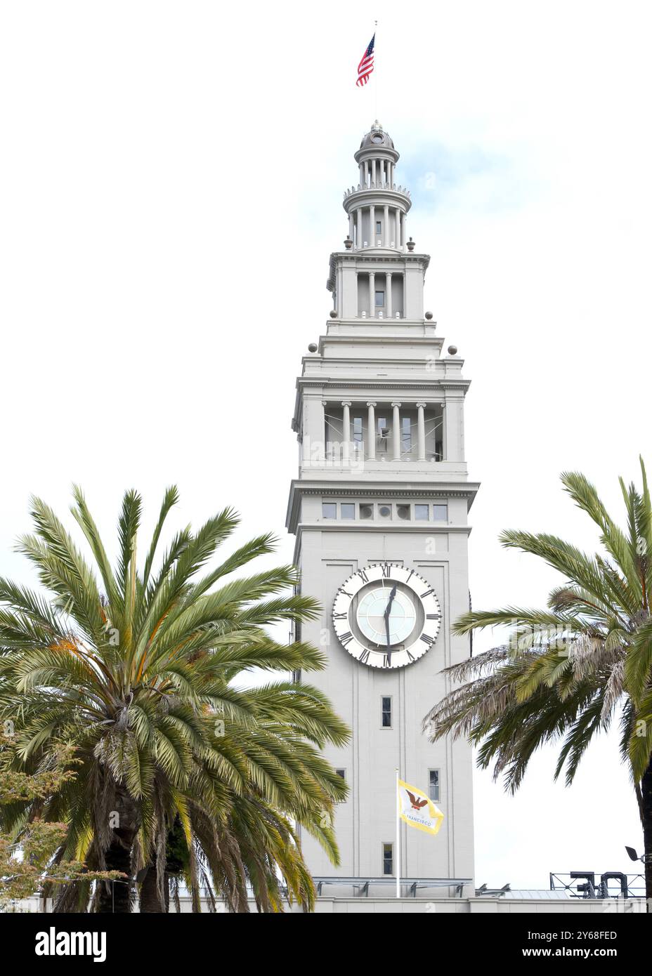 Iconic clock tower of San Francisco Port Ferry Building seen through ...