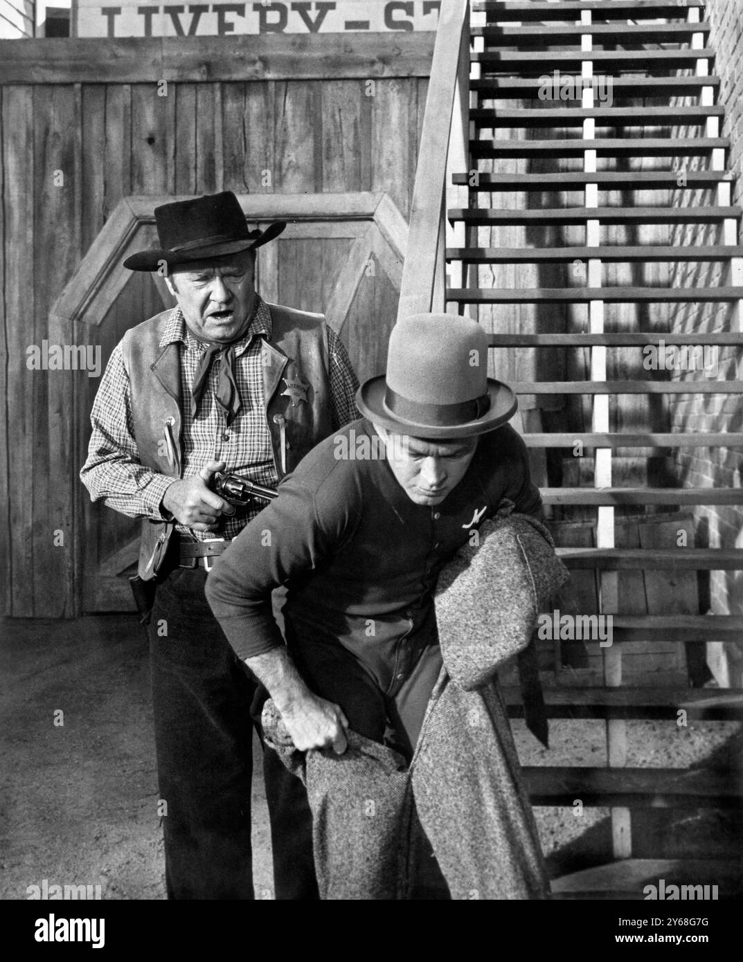 Bob Hope (front, right), on-set of the western film, "Alias Jesse James ...
