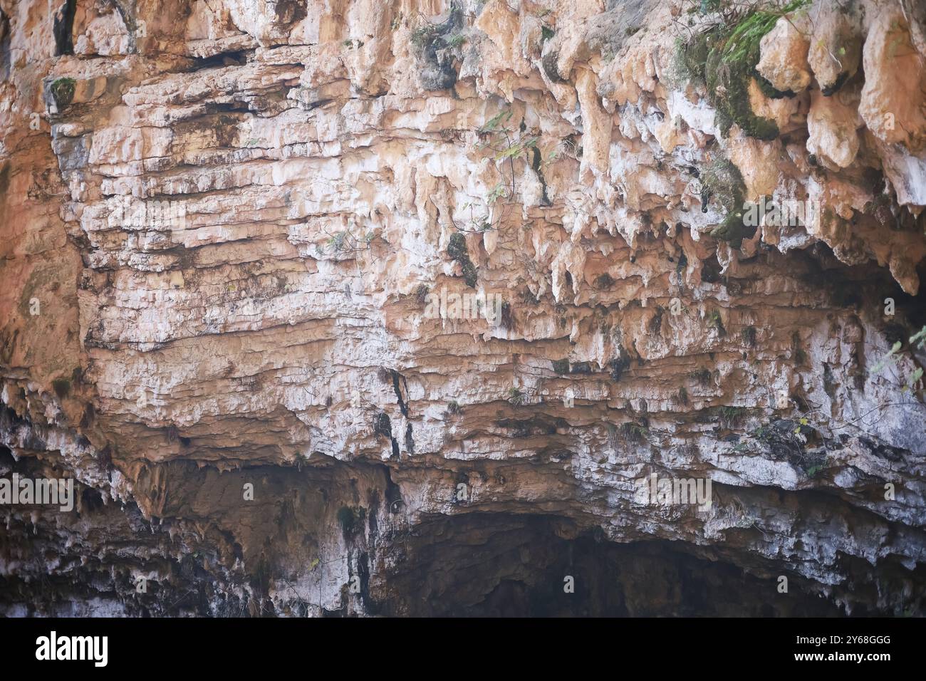 A close-up view of a rock wall featuring prominent horizontal layers of ...