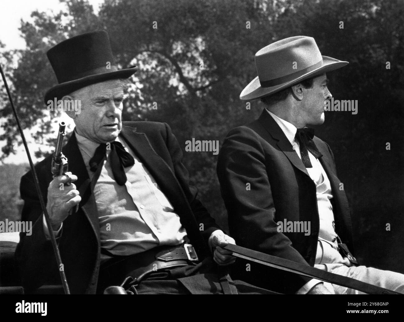 Charles Bickford, Kevin McCarthy, on-set of the western film, "A Big Hand For The Little Lady ...