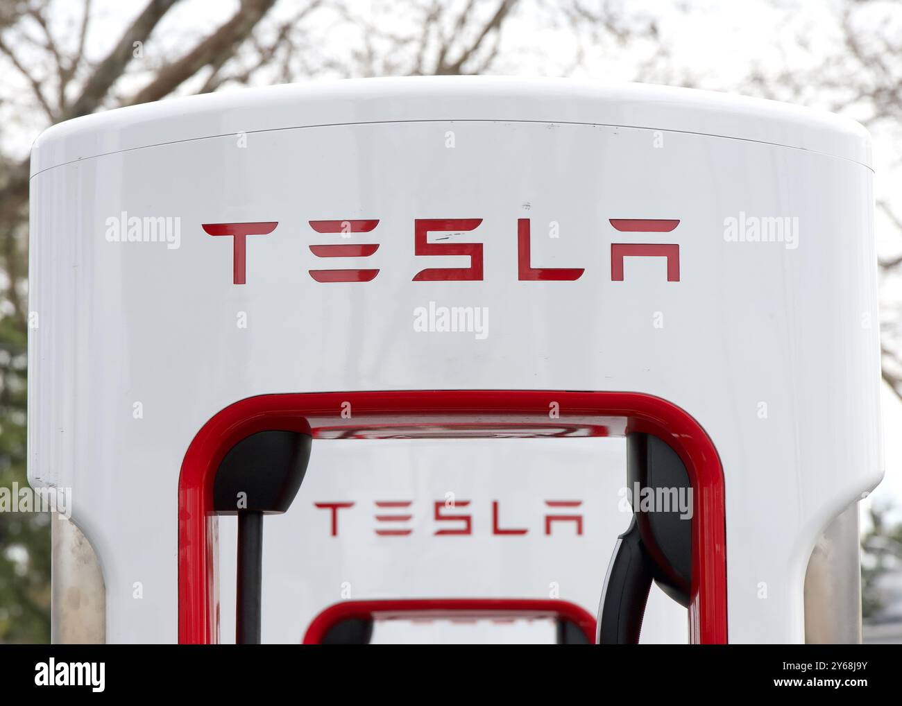 Hayward, CA - Jan 26, 2024: Close up on a Row of Tesla Supercharger ...