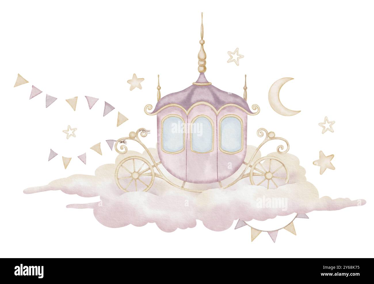 Watercolor Illustration of Fairytale Carriage with garlands and stars ...