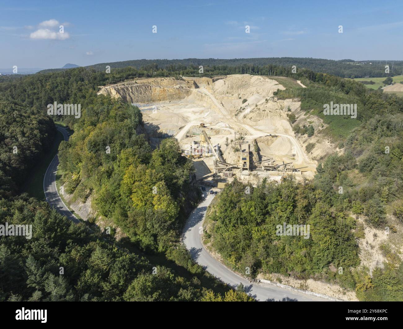 Aerial view of a limestone quarry and gravel works, extraction of ...