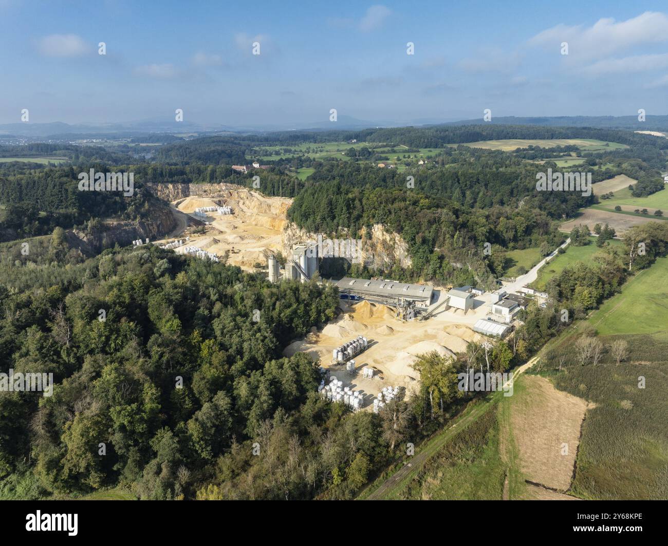 Aerial view of a limestone quarry and gravel works, extraction of ...