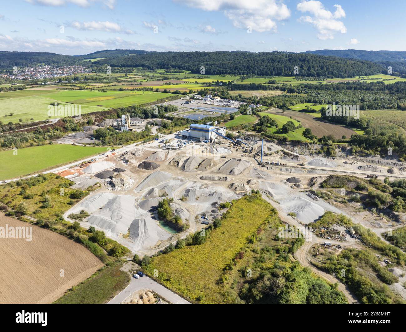 Aerial view of a gravel pit, gravel extraction area, gravel works, ADAC ...