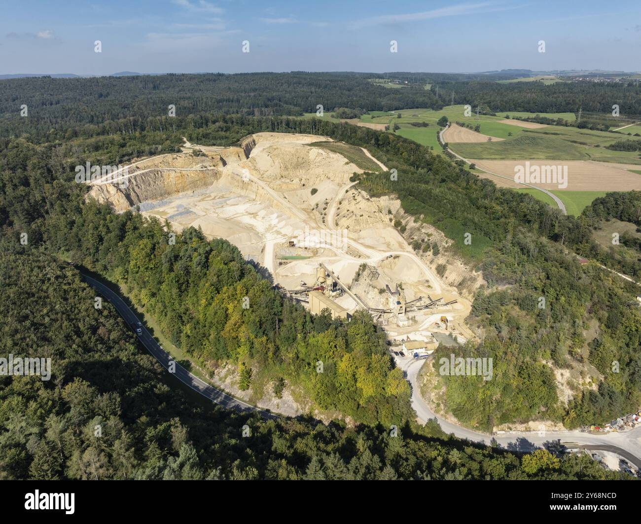 Aerial view of a limestone quarry and gravel works, extraction of ...