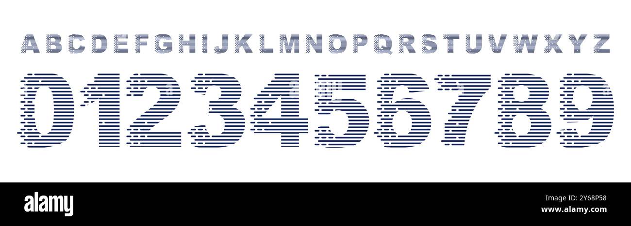 Striped digital font, futuristic tech numbers and letter design ...