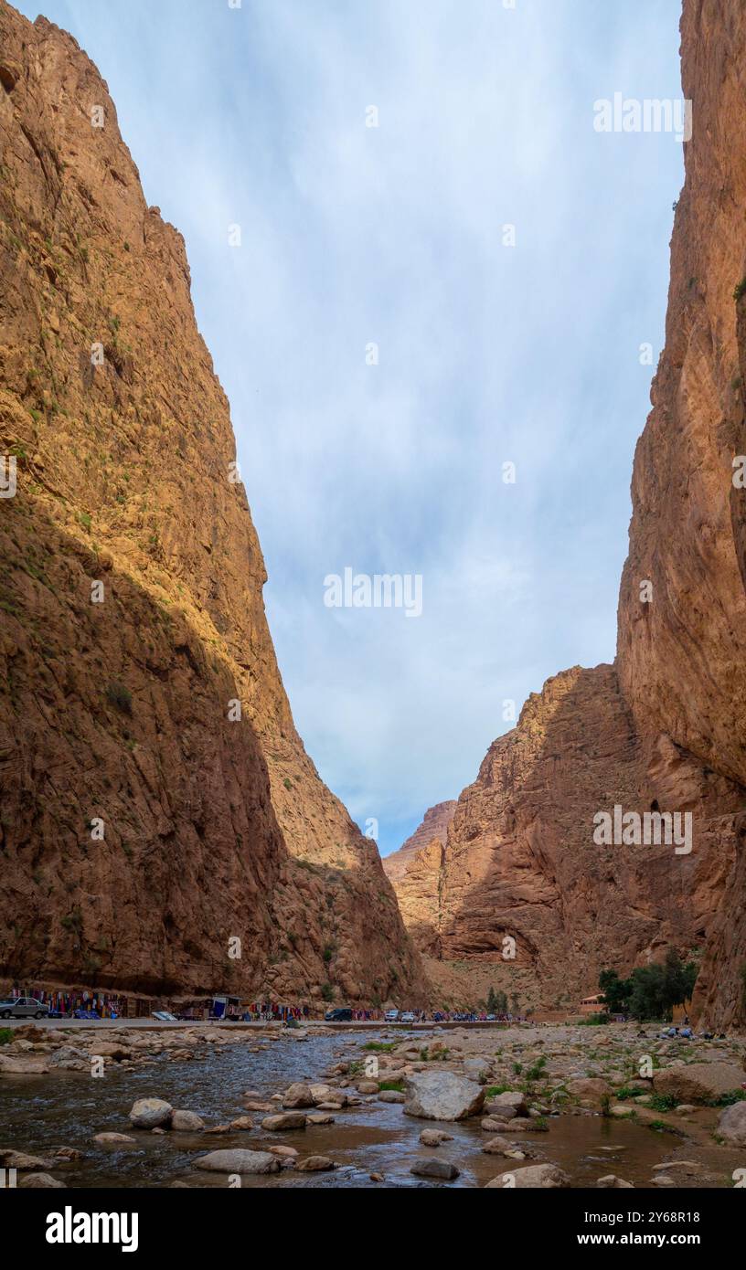 Todgha River crossing the narrow gorge between the high mountains ...