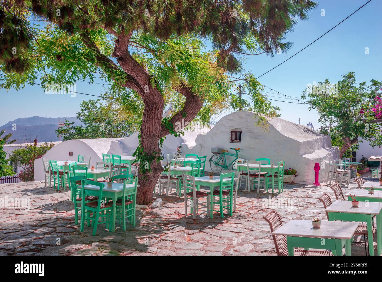 Outdoor café in the square of Hora, the capital of Amorgos Island, in ...