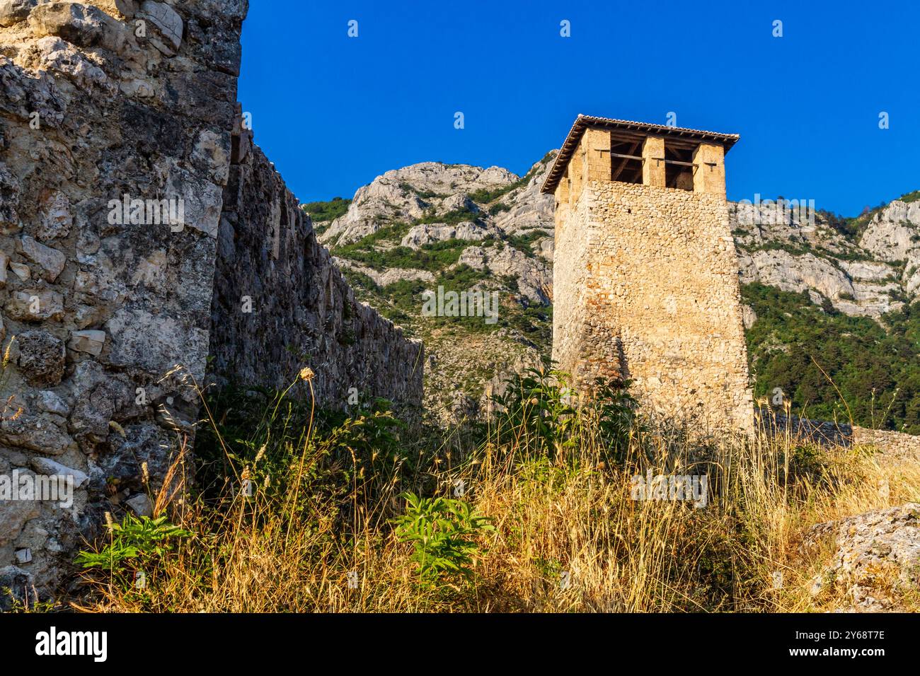 Medieval, stony tower of the Skanderbeg Castle and fortress. Kruje ...