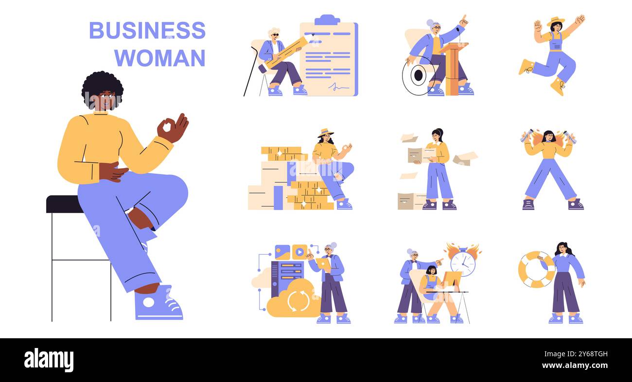 Business Woman set. Diverse professional roles and dynamic work environments. Leadership ...