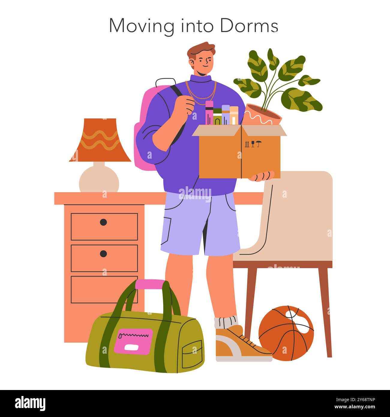 Freshman Year concept. A student relocates to college dorms, balancing ...