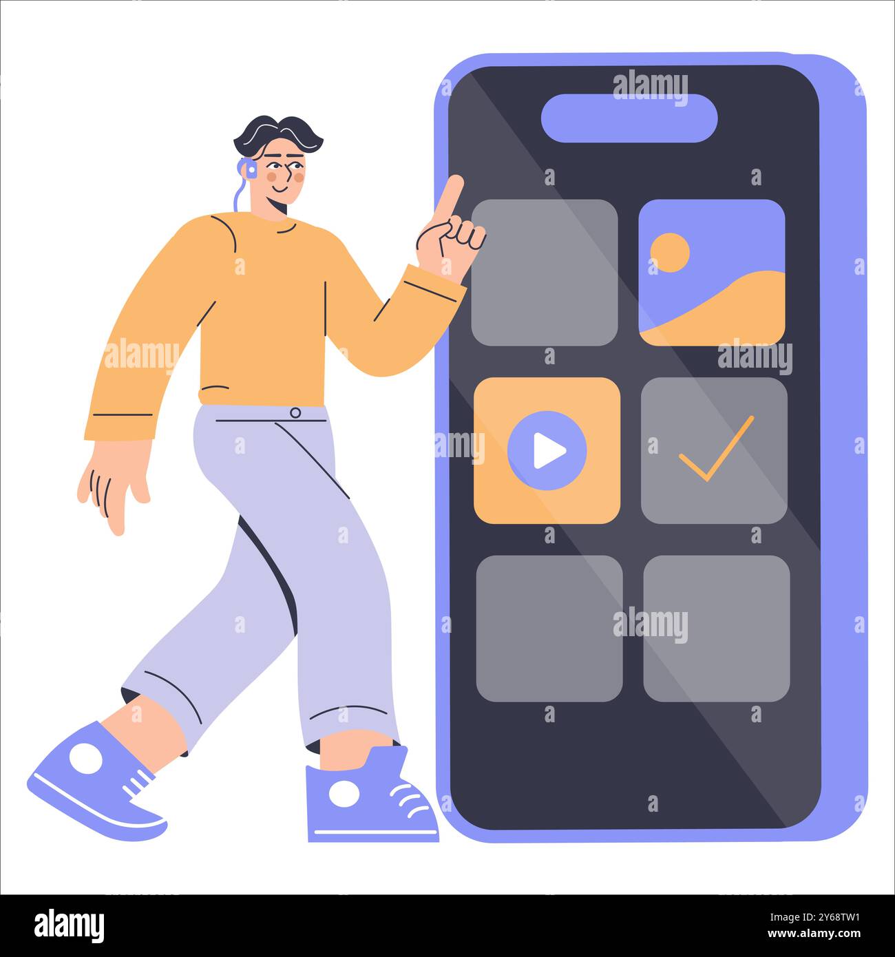 Diversity businessman concept. A man interacts with a giant smartphone ...