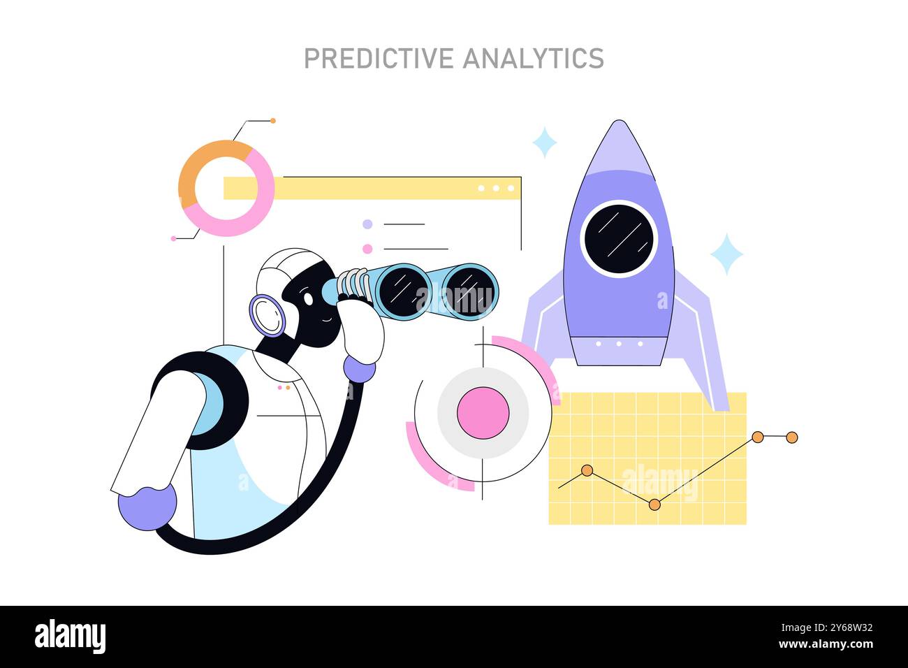Artificial intelligence concept. Robot using a telescope beside a rocket represents predictive ...