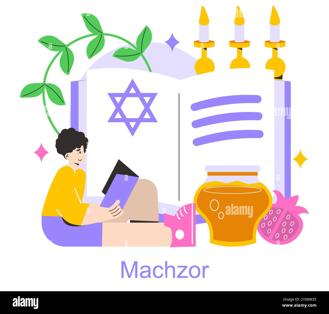 Rosh Hashanah concept. Open Machzor with Jewish star and text, candles ...