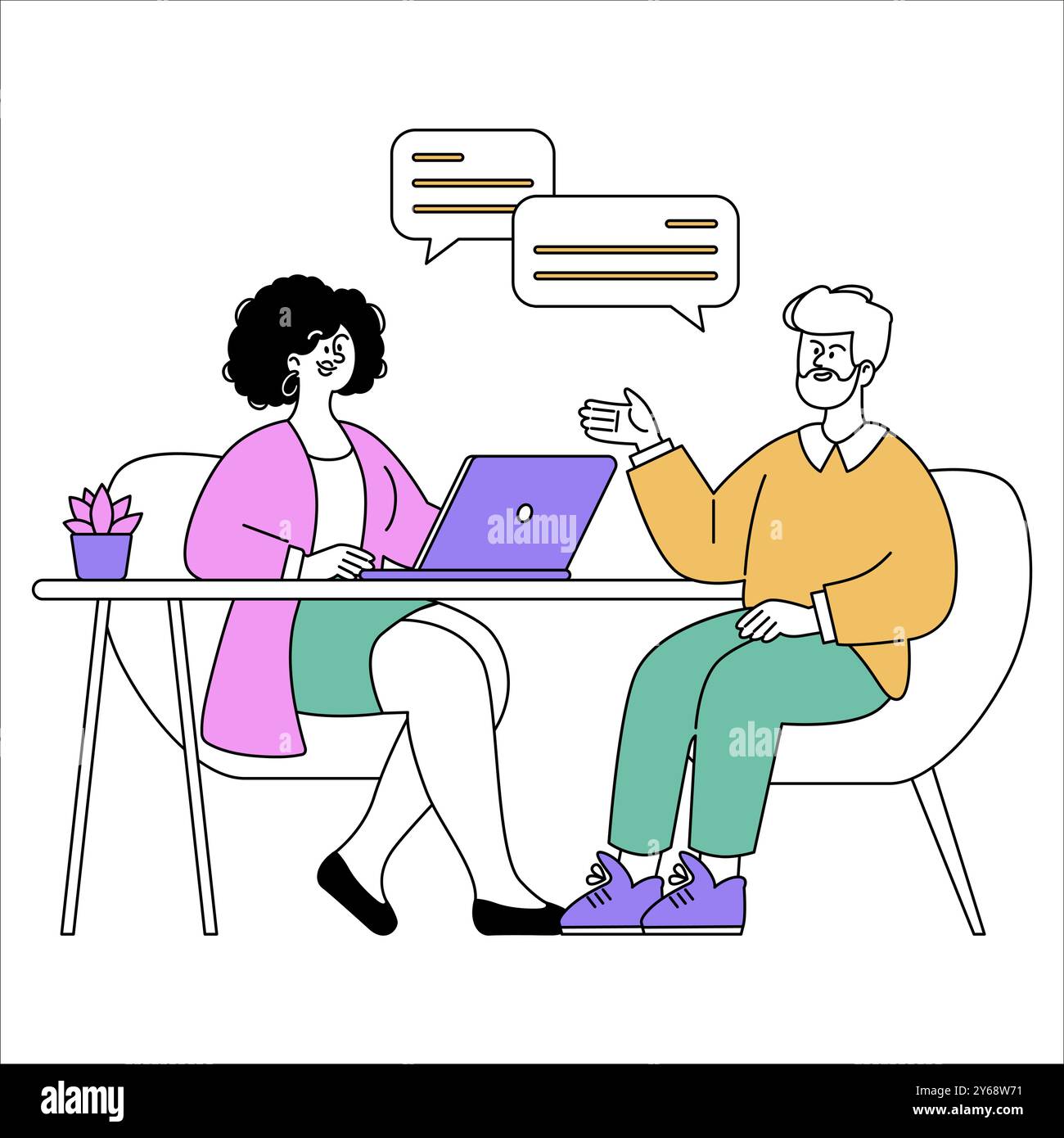 Business meeting concept. Colleagues discuss project at a desk with ...