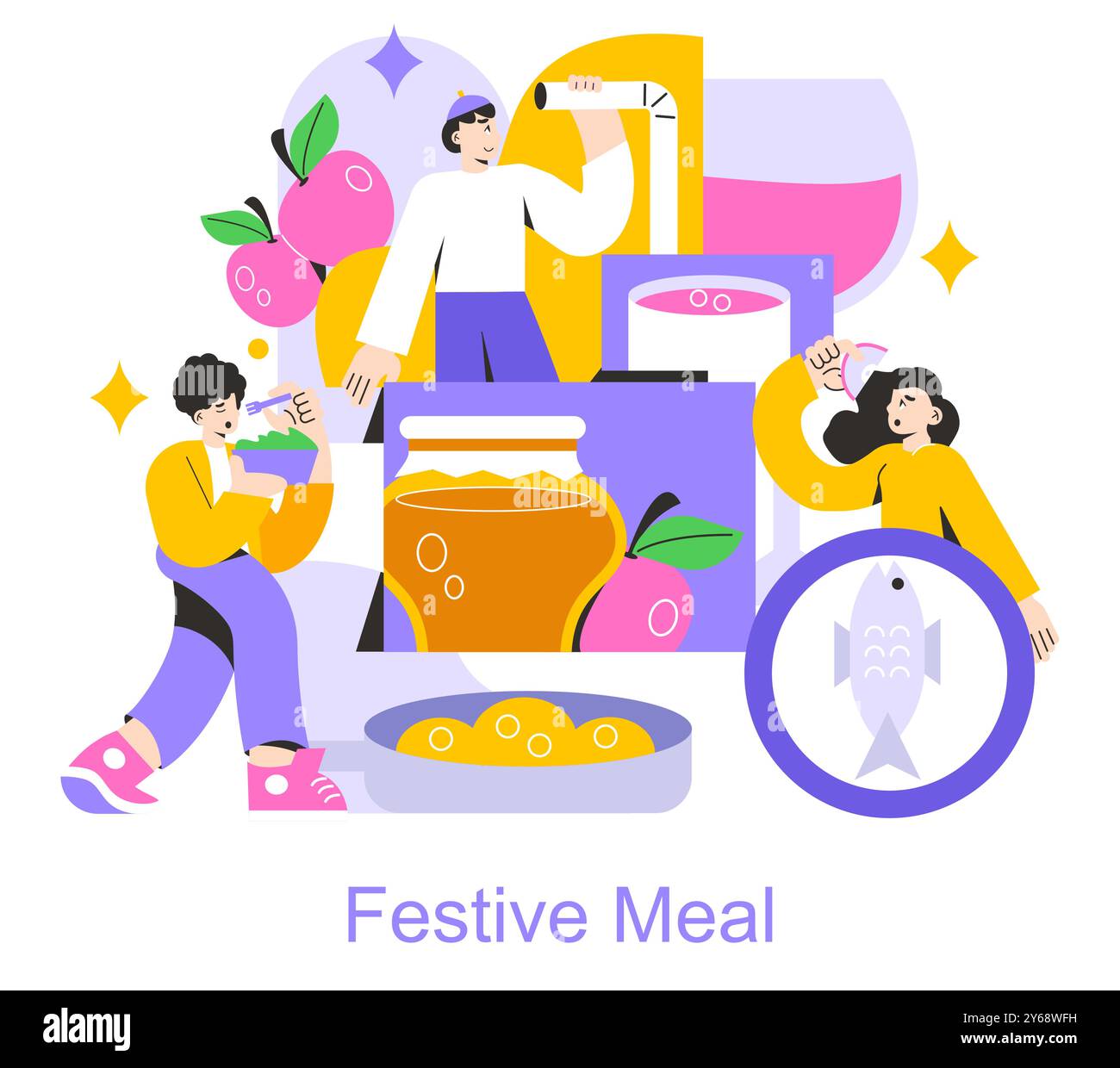 Rosh Hashanah concept. Celebrators with traditional symbols for the ...