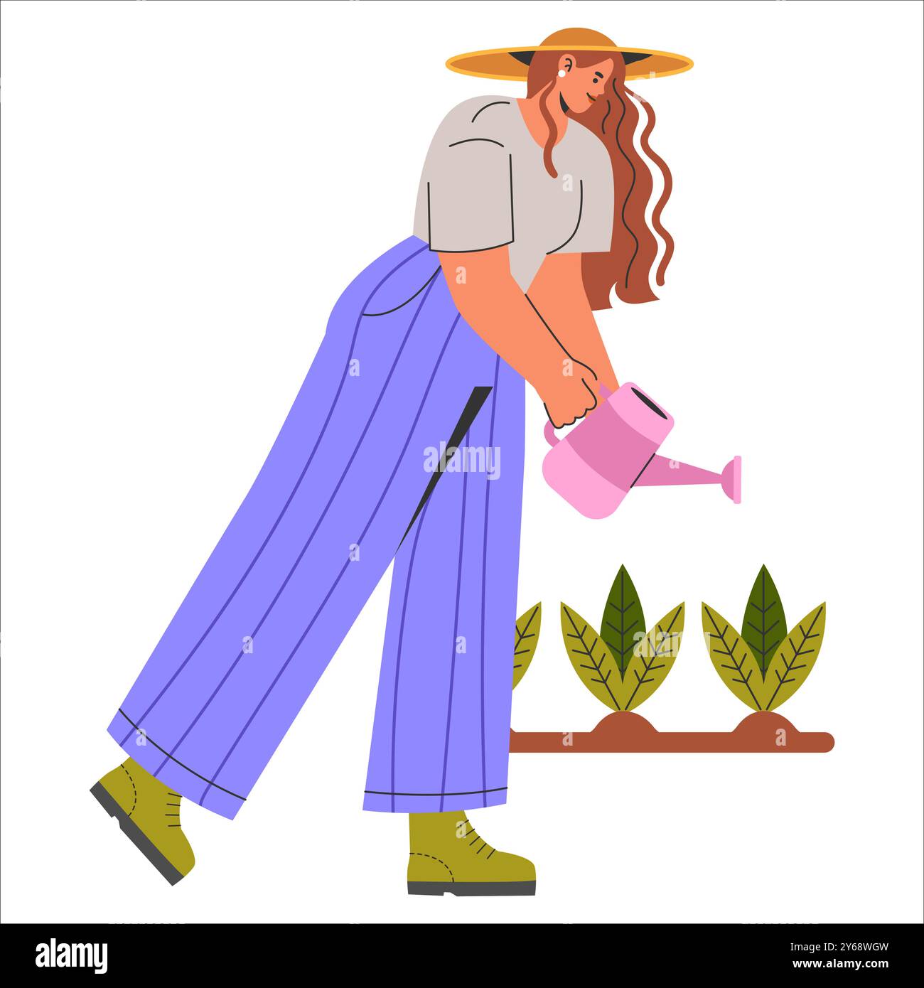 Gardening woman concept. A female character nurturing plants with a ...
