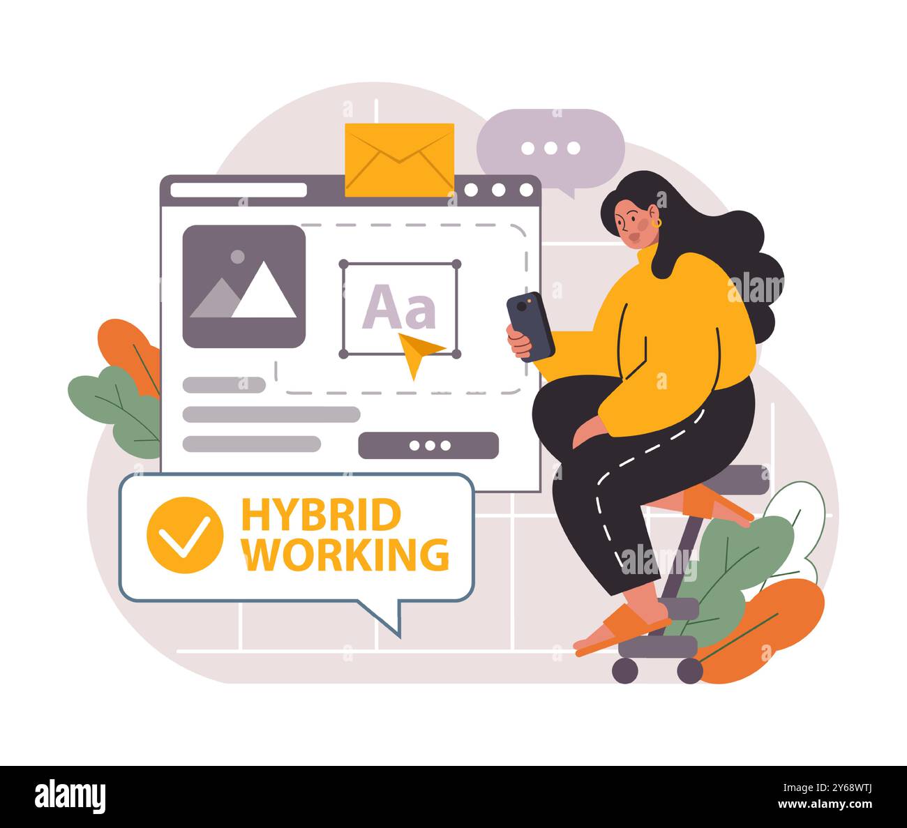 Hybrid work. Characters with a flexible schedule, working from office and home. Telework and ...