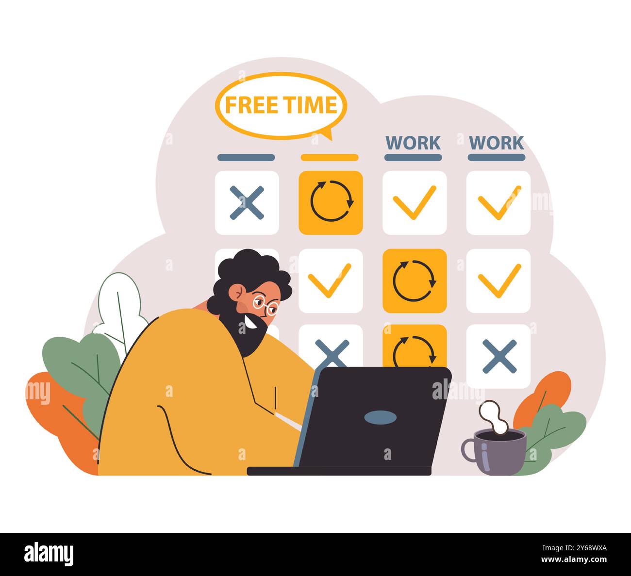 Hybrid work. Characters with a flexible schedule, working from office and home. Telework and ...