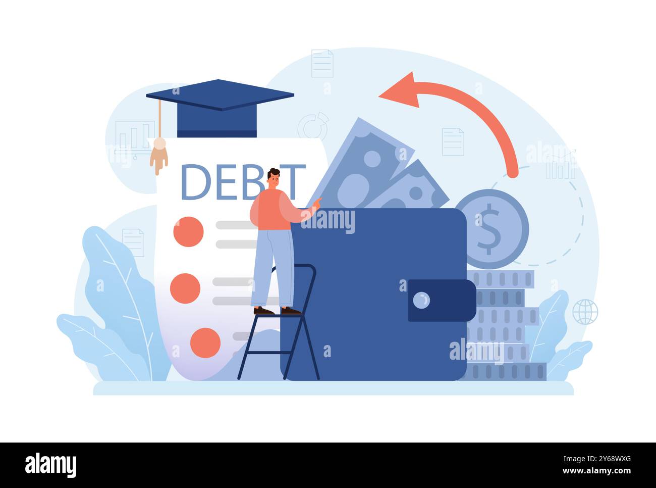 Student debt. Young graduated character with a financial crisis ...