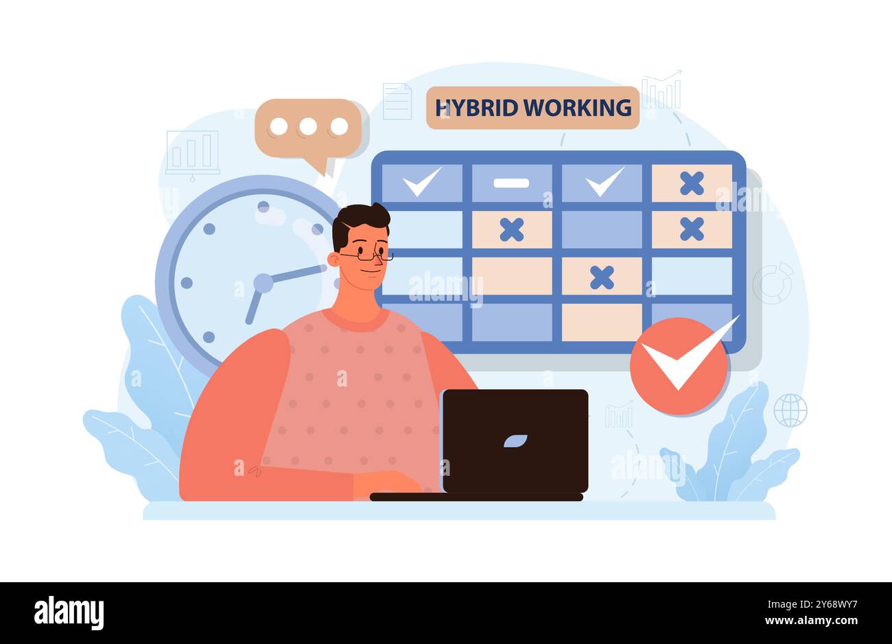 Hybrid work. Characters with a flexible schedule, working from office and home. Telework and ...