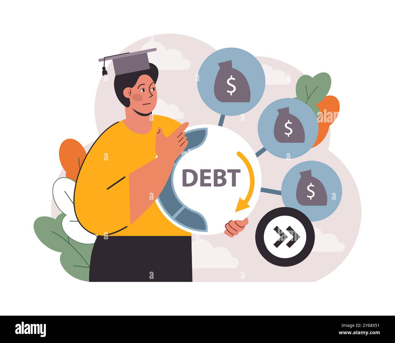 Student debt. Young graduated character with a financial crisis ...