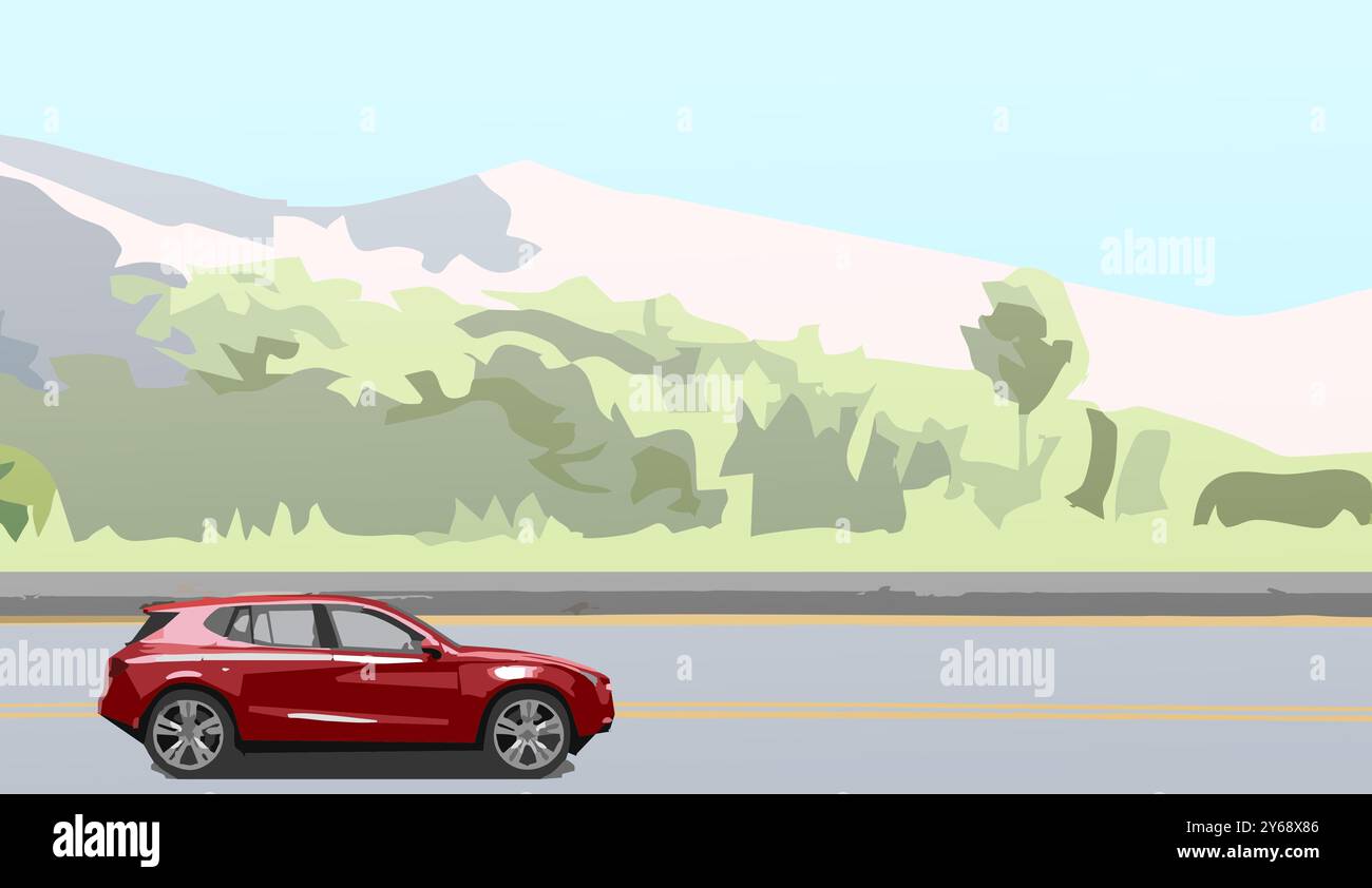 Horizontal illustration of a red car traveling on a road with a ...