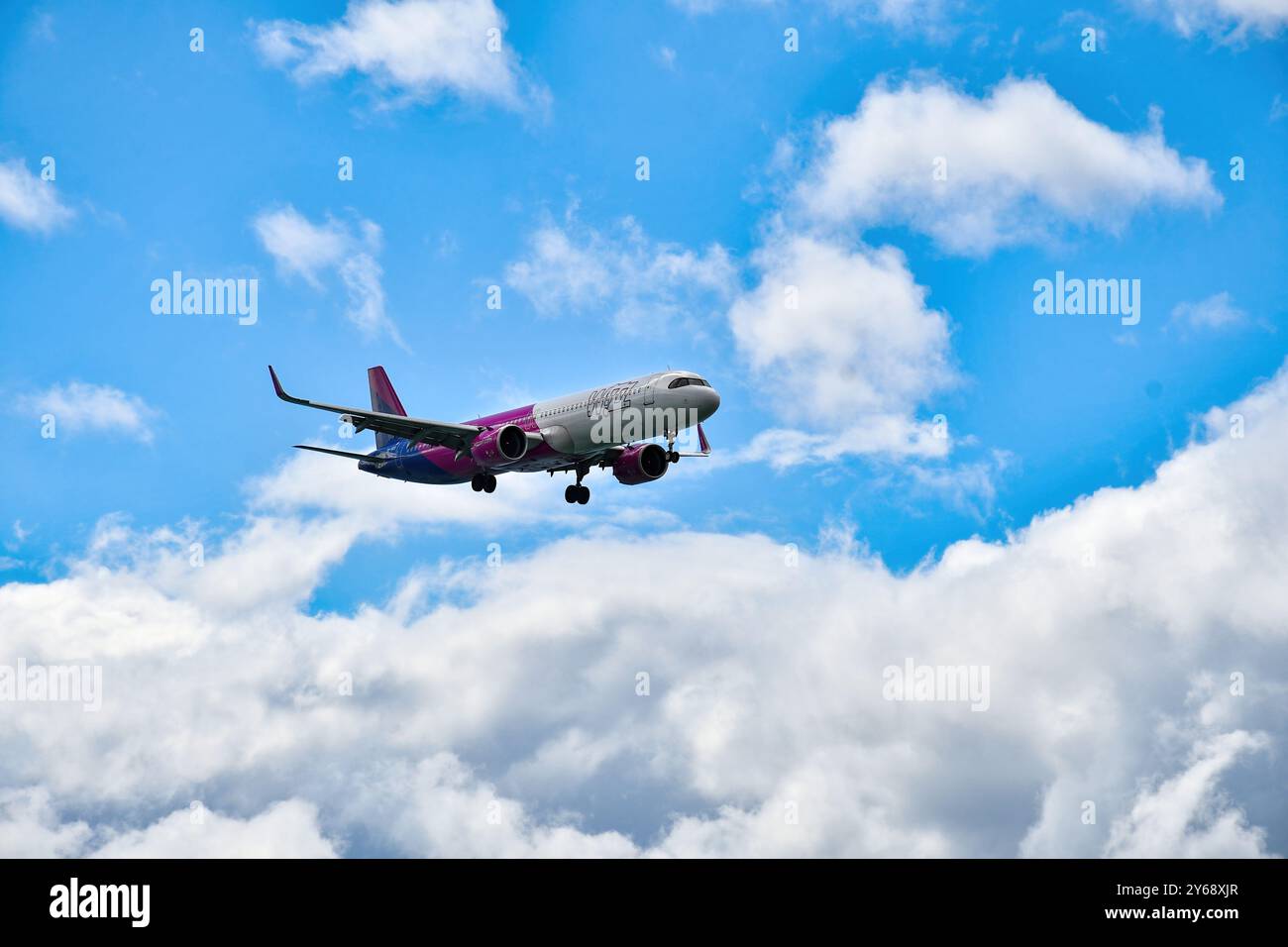 Side view of the aircraft (Airbus A320) approaching the runway at Ohrid ...