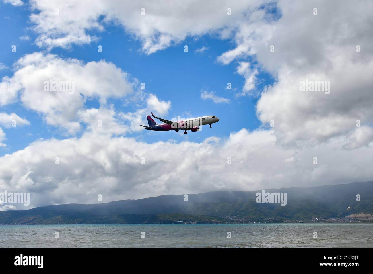 Side view of the aircraft (Airbus A320) approaching the runway at Ohrid ...