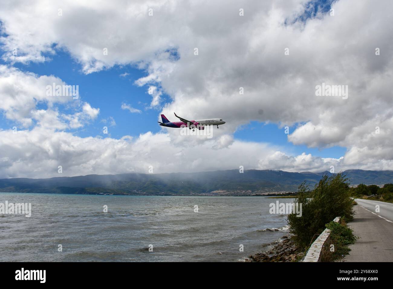 Side view of the aircraft (Airbus A320) approaching the runway at Ohrid ...