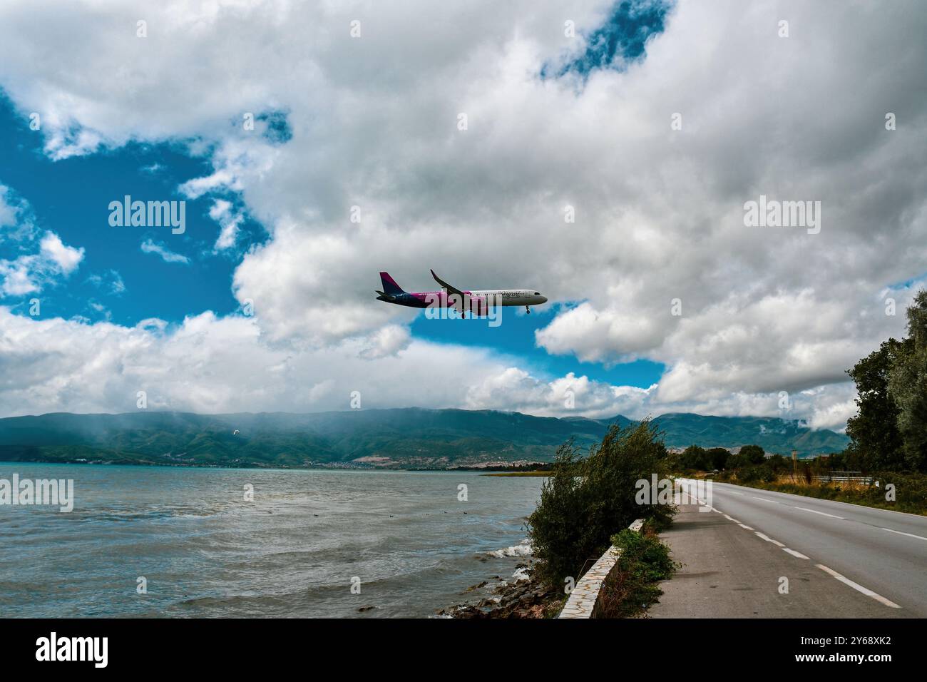 Side view of the aircraft (Airbus A320) approaching the runway at Ohrid ...