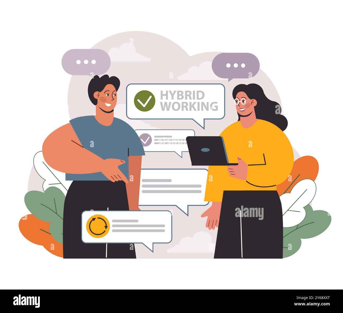 Hybrid work. Characters with a flexible schedule, working from office and home. Telework and ...