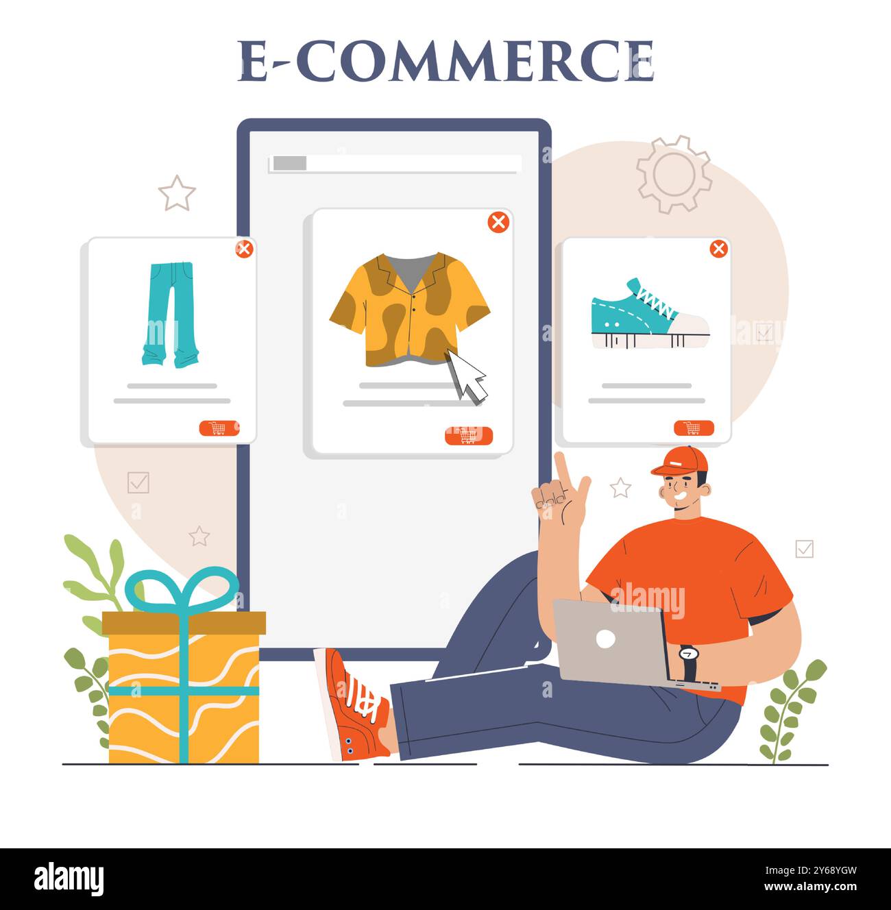 E-store and e-commerce. Entrepreneur selling goods and gaining profit ...