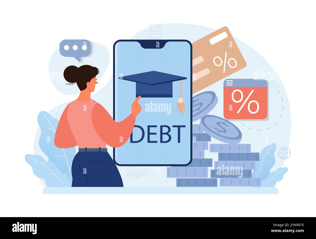 Student debt. Young graduated character with a financial crisis ...