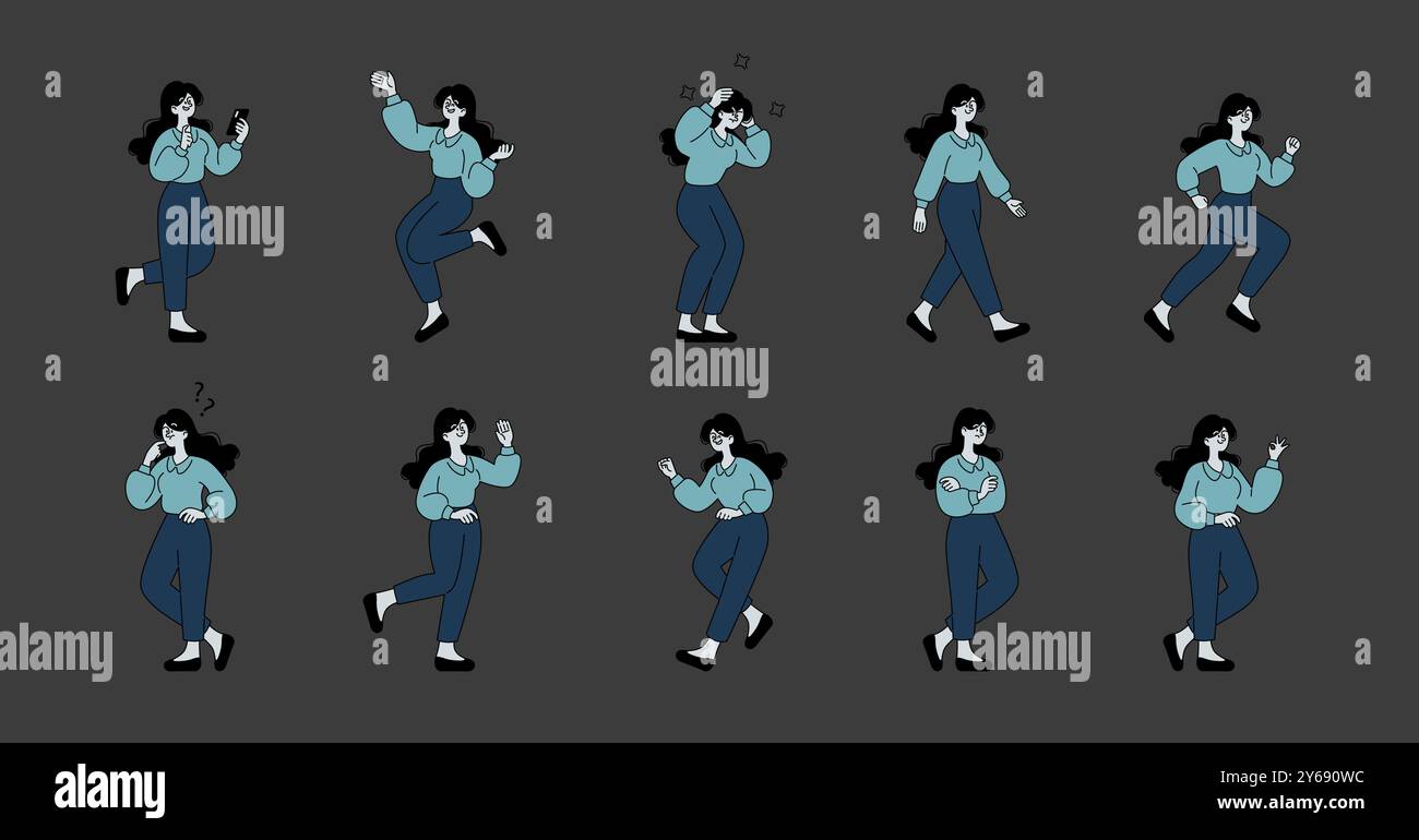 Female character set showcasing various actions and emotions in ...