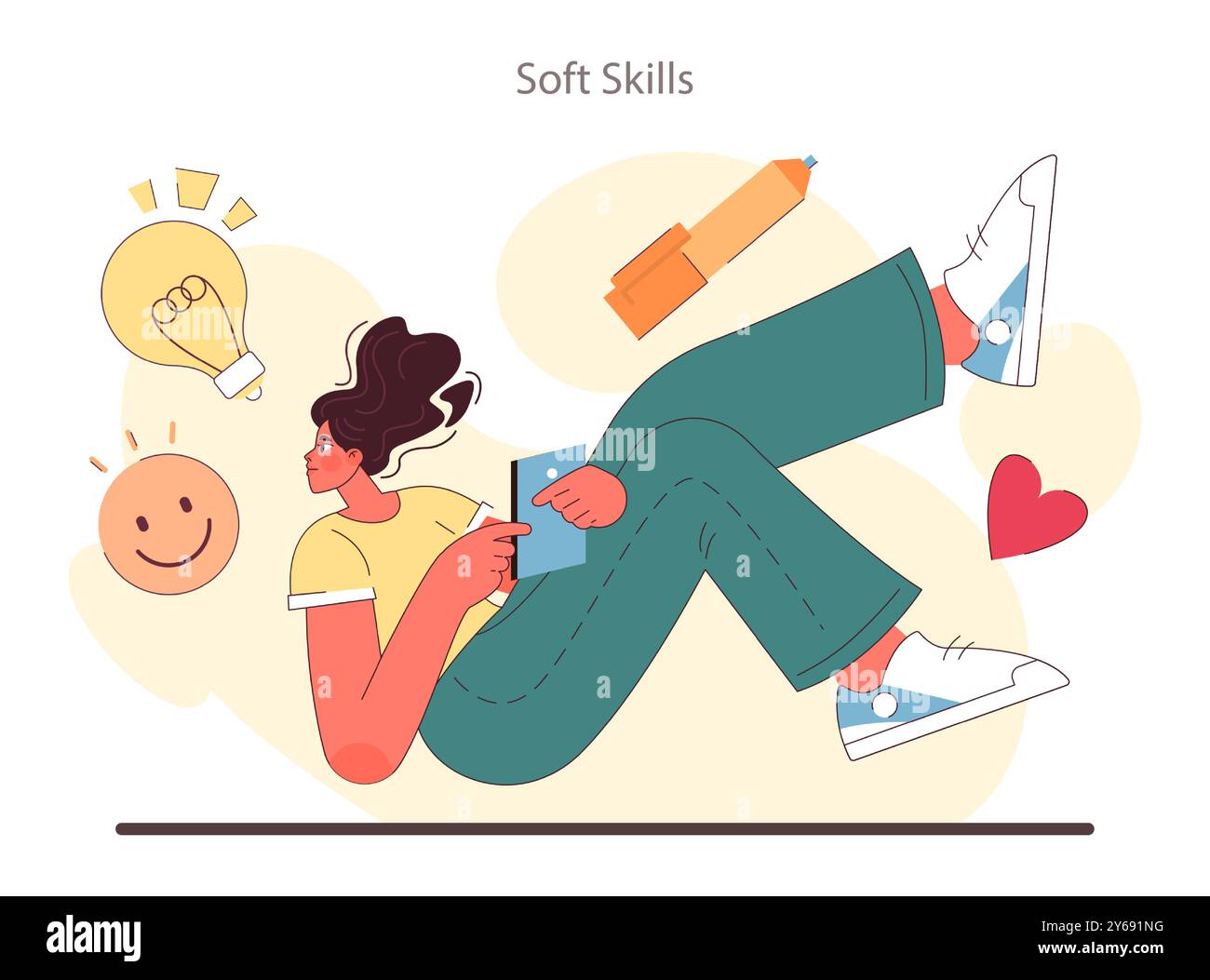 Skills development. Professional competences, soft skills growth. Female character improving ...