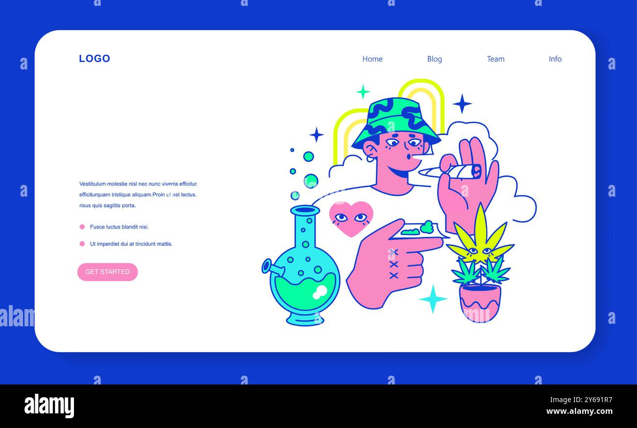 Psychedelic trip party web banner or landing page. Rave camp. Character ...