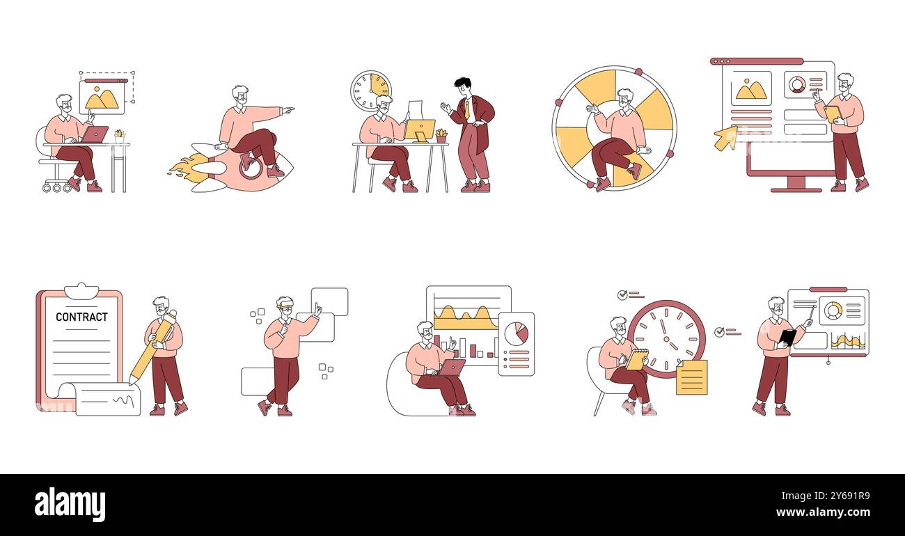 Business People set. Corporate professionals in various work scenarios ...