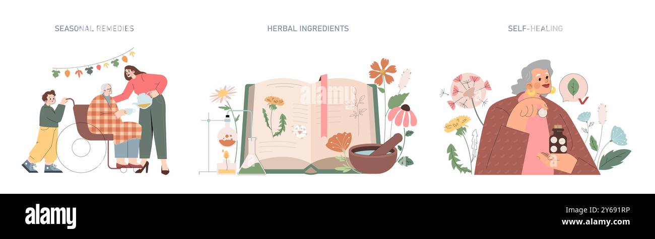 Homeopathy set. Family using natural remedies, herbal ingredients guide ...