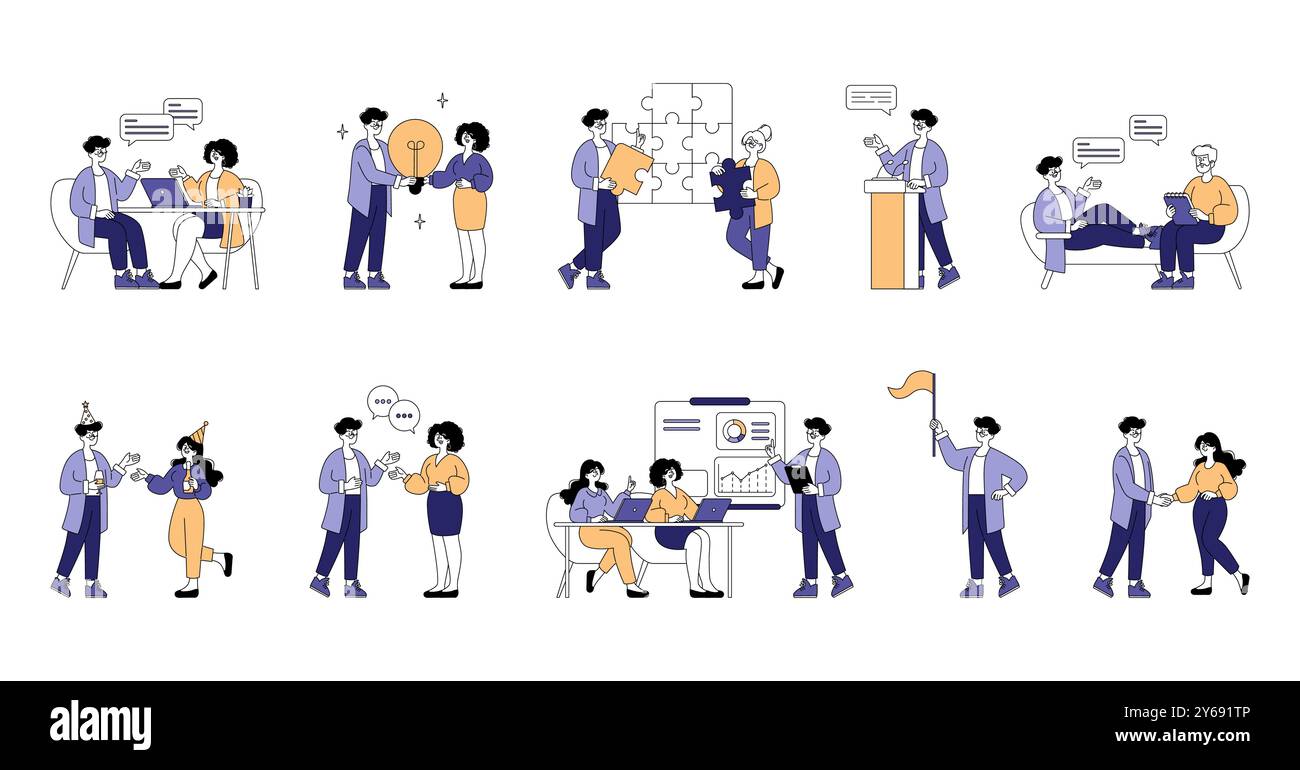 Businessman set. Corporate teamwork and office dynamics. Idea sharing ...