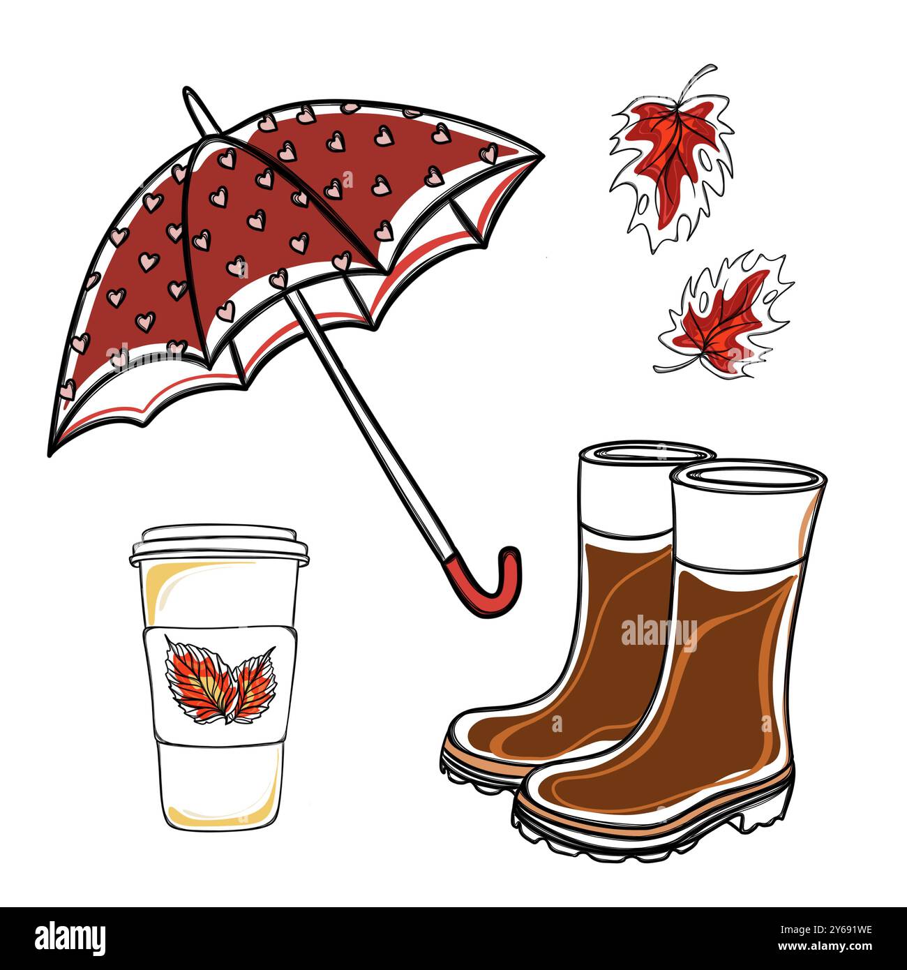Set of autumn stickers freehand. Template umbrella, rubber boots and ...